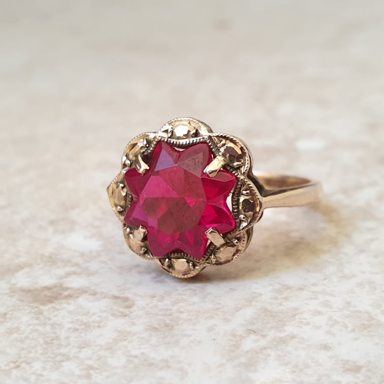 Fancy Synthetic Pink Ruby Ring in 9ct Gold - Gems Afire - Vintage ...