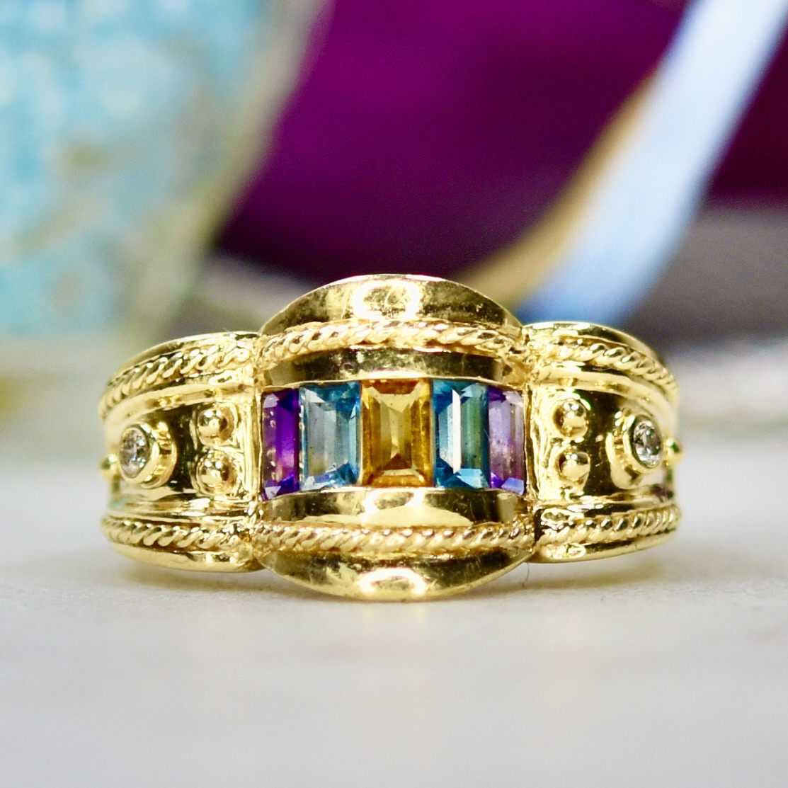 Ornate Multi Stone Ring in 14ct Gold - Gems Afire - Vintage Jewellery UK