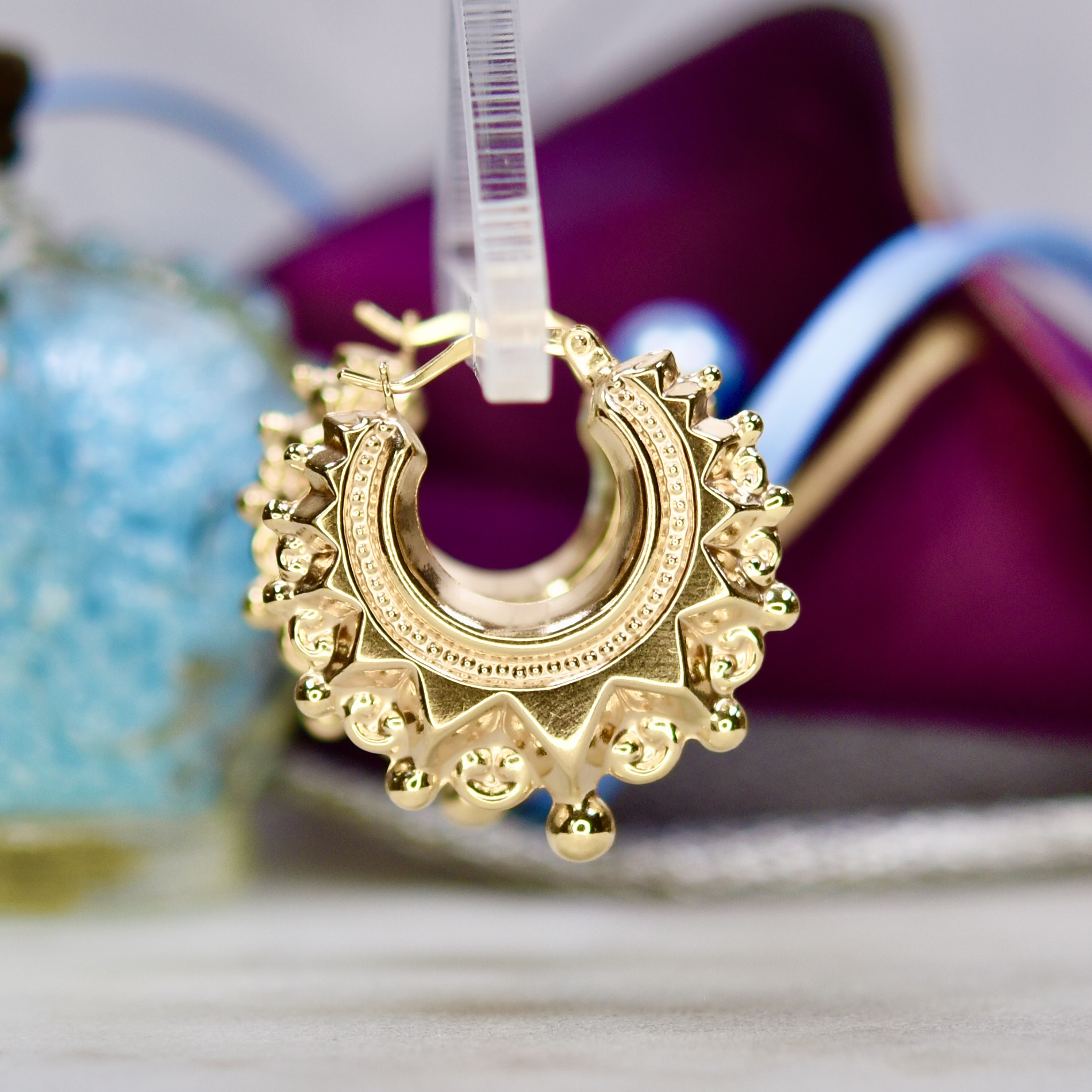 Ornate Creole Earrings in 9ct Gold - Gems Afire - Vintage Jewellery UK